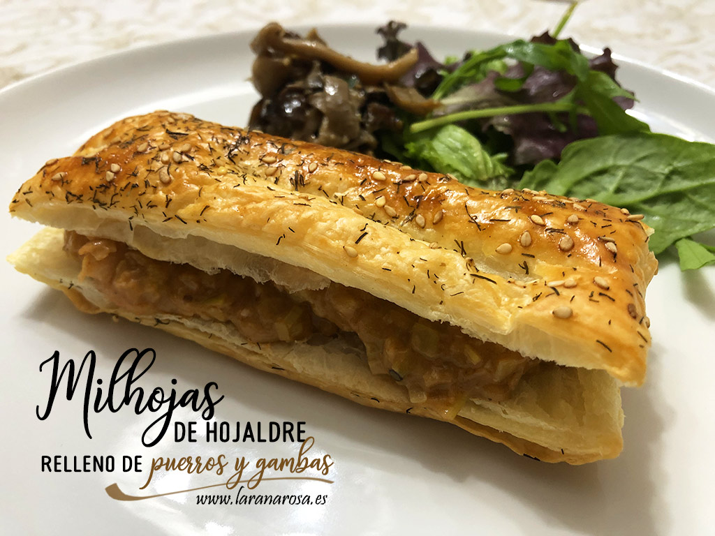 Milhojas de hojaldre relleno de puerros y gambas — La rana Rosa
